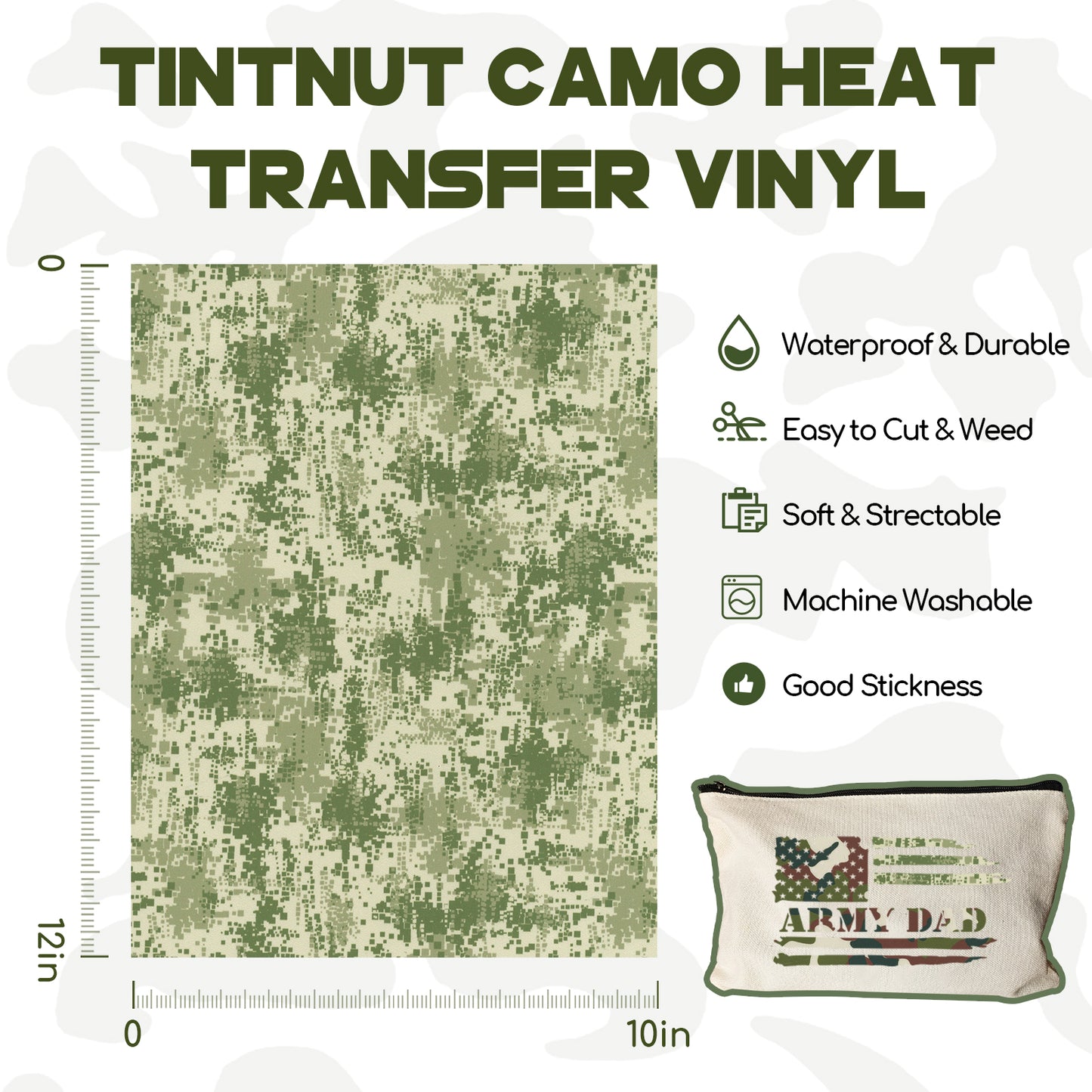 Tintnut Camo Heat Transfer Vinyl - 8 Sheets 12 x 10 inch PU Army Patte ...