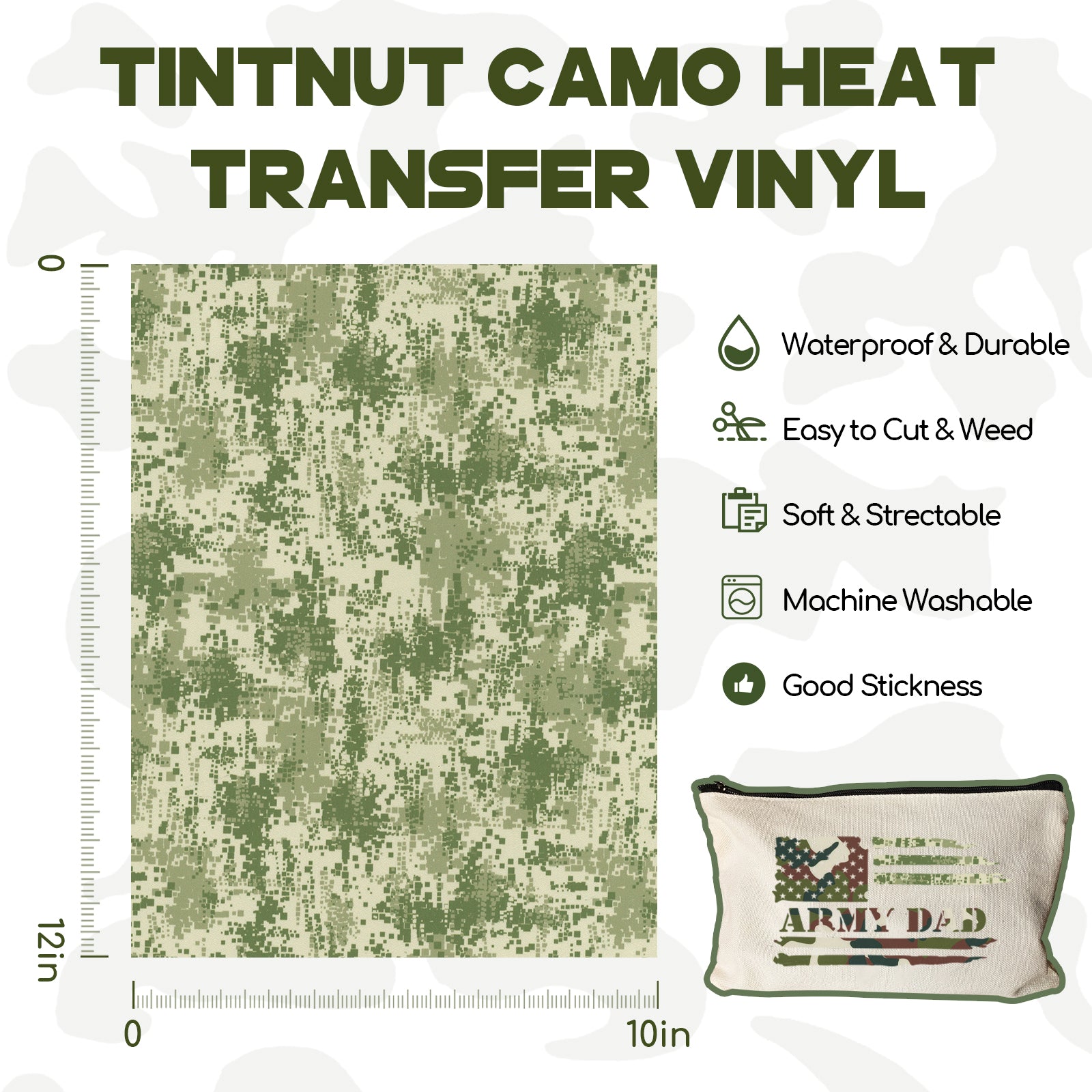 Tintnut Camo Heat Transfer Vinyl - 8 Sheets 12 x 10 inch PU Army Patte ...