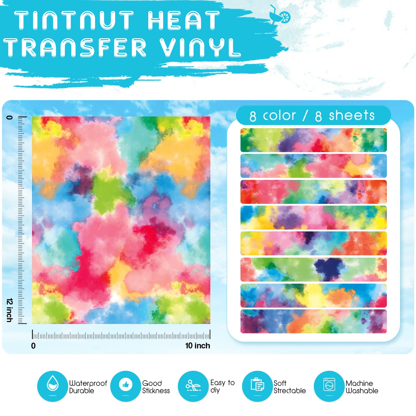 Tintnut Tie Dye Heat Transfer Vinyl -8 Sheets 10×12 Inch Watercolor HT ...